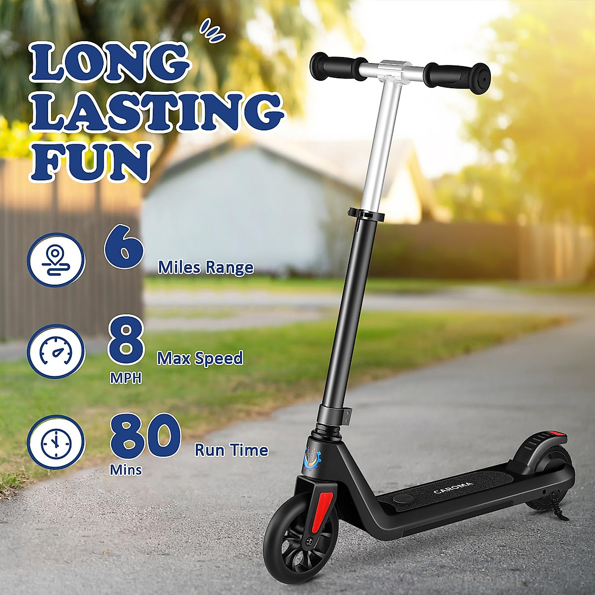 Caroma Electric Scooter for Kids Ages 6-8, Kick-Start Boost Kids Scooters for Boys/Girls, Max 6 Miles & 10 MPH, Electric Kick Scooter for Kids with Adjustable Height & Deck Lights, 120W