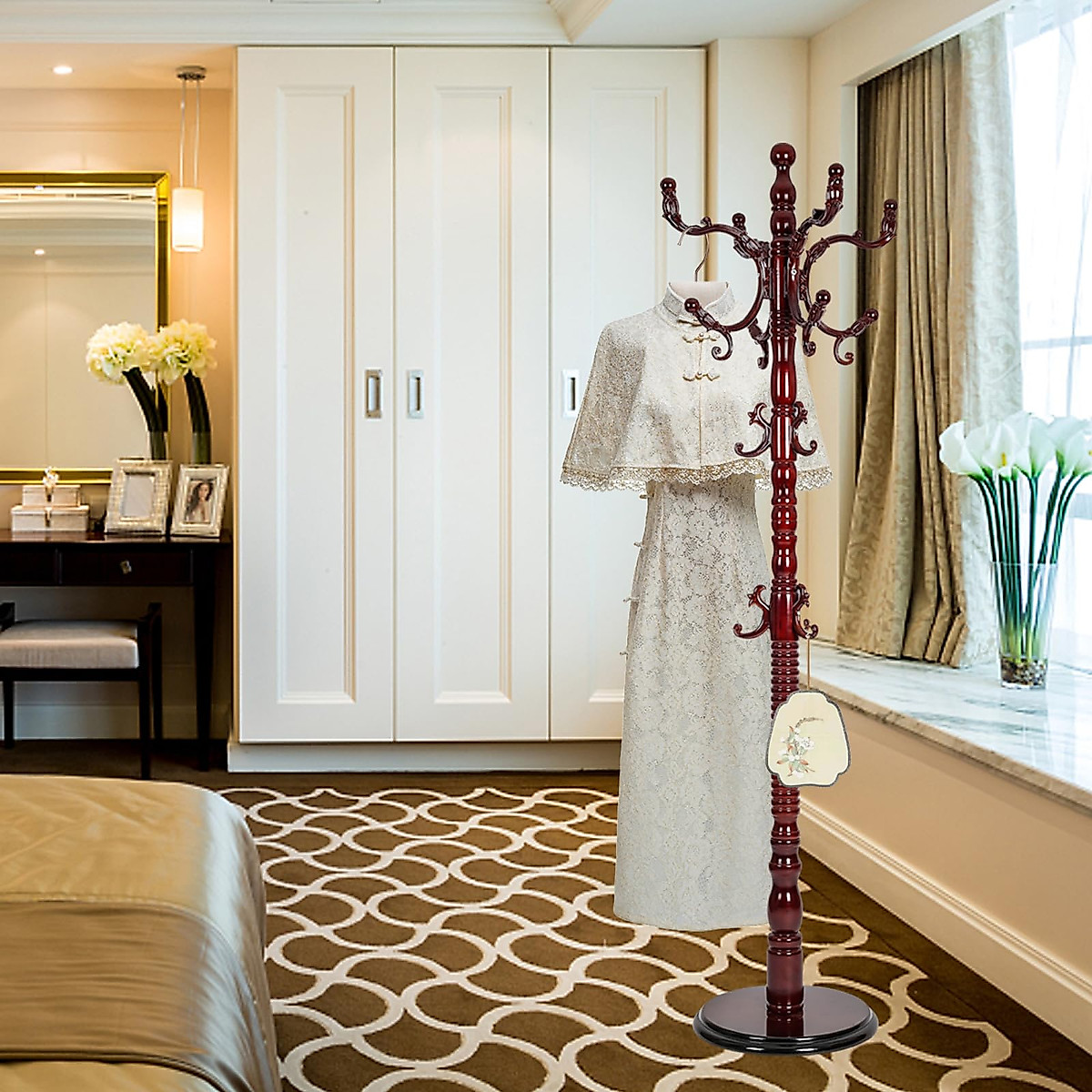 RUFXIEZW Coat Rack Freestanding, Wooden Tree Coat Rack Stand with 3 Adjustable Sizes Coat Tree and 14 Hooks, Sturdy Hall Tree with Solid Round Base for Entryway, Hallway, Bedroom (Reddish brown)