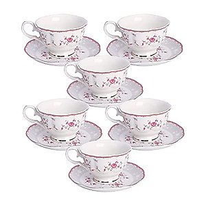 fanquare Pink Rose Tea Cup and Saucer Set for 6, British Vintage Afternoon Cup Set, Porcelain Coffee Cup with Gold Border, 5 oz