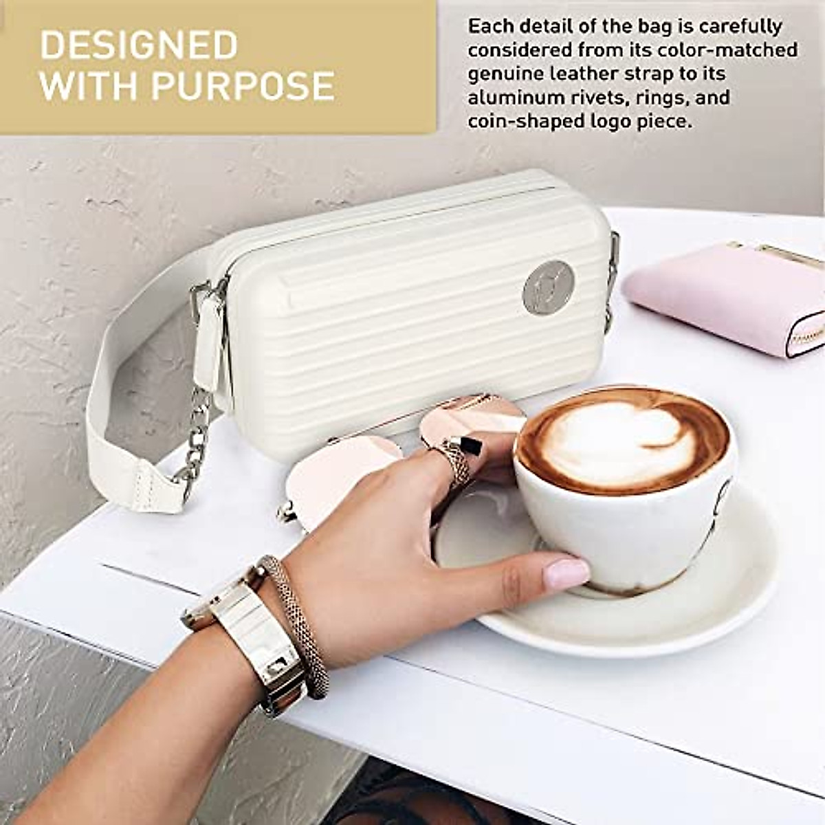 Aestoria Hardshell White Clutch Purses for Women, Adjustable Leather Strap with Light Weight & High Resistance Polycarbonate Clutch Bag, Cross Body White Clutches for Women, Carteras De Mujer