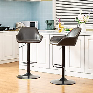 glitzhome Mid Century Bar Stools Set of 2 Vintage Swivel Leather Adjustable Bar Chair with Backrest and Footrest, Modern Pub Kitchen Counter Height Barstools, Dark Grey