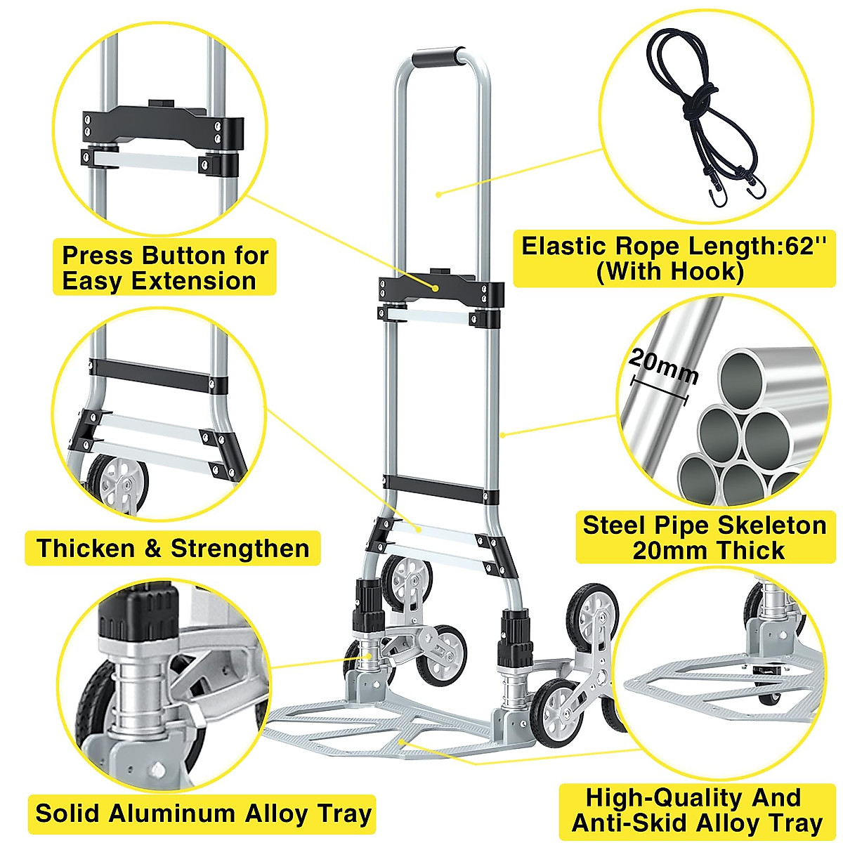 FUVLFAL Stair Climbing Cart, Adjustable Handle Length Trolley Dolly Cart for Stairs, Flat Ground, 260 Lb Load Capacity Folding Shopping Cart, Grocery Shopping Cart with Mute Wheels