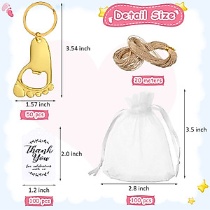 Laumoi 50 Pieces Baby Footprint Keychain Bottle Opener Baby Shower Party Favors Baby Shower Footprint Bottle Opener Supplies with Organza Bags and Thank Tags for Baby Party Souvenirs Gifts(Gold)