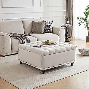 Tbfit Large Square Storage Ottoman Bench, Tufted Upholstered Coffee Table Ottoman with Storage, Oversized Storage Ottomans Toy Box for Living Room (Beige)