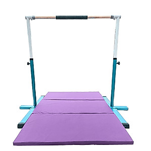 Athletic Bar Expandable Gymnastics Kip Bar 3 in 1 Set with 8 FT Adjustable Balance Tube, 6'x4' Mat for Kids, Horizontal Bar Junior Gymnastic Training Adjustable 3-5 FT Gymnast Asymmetric Bar Blue