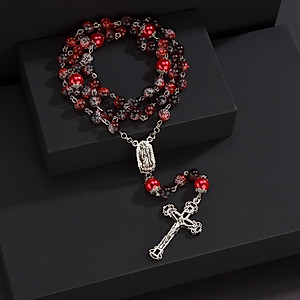 SALOMOCA Rosary 8mm Crystal Glass Beads Catholic Guadalupe Medal Red Beads Rosary Necklaces Perfect for Women Jewelry Christian Gifts in Customized Velvet Bag