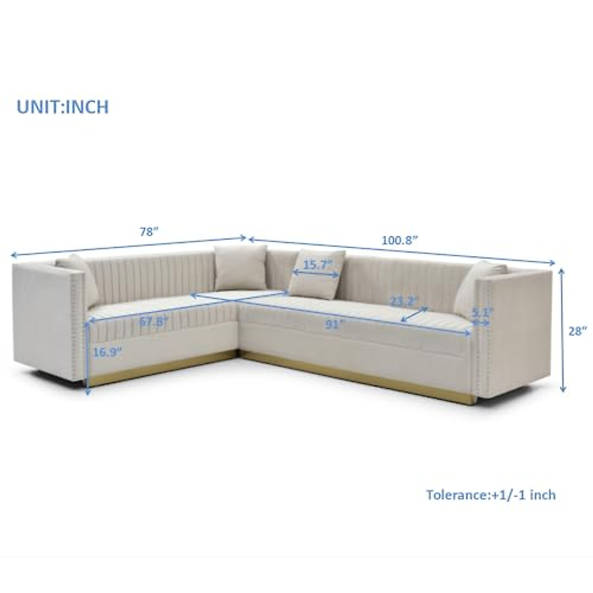 FANYE 2PCS Contemporary Sofa Sets Vertical Channel Velvet Tufted Sofa&Couch Include 3 Seaters CouchX2, L-Shaped Corner Sectional W/Gold Metal Strip Decor for Apartment Office Living Room Sets