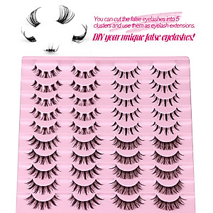 Manga Lashes Natural Look Anime False Eyelashes 20 Pairs Clear Band Individual Wispy Fake Eyelashes Strip Spiky DIY Cluster Lashes Extension C Curl Cat Eye Lashes Pack