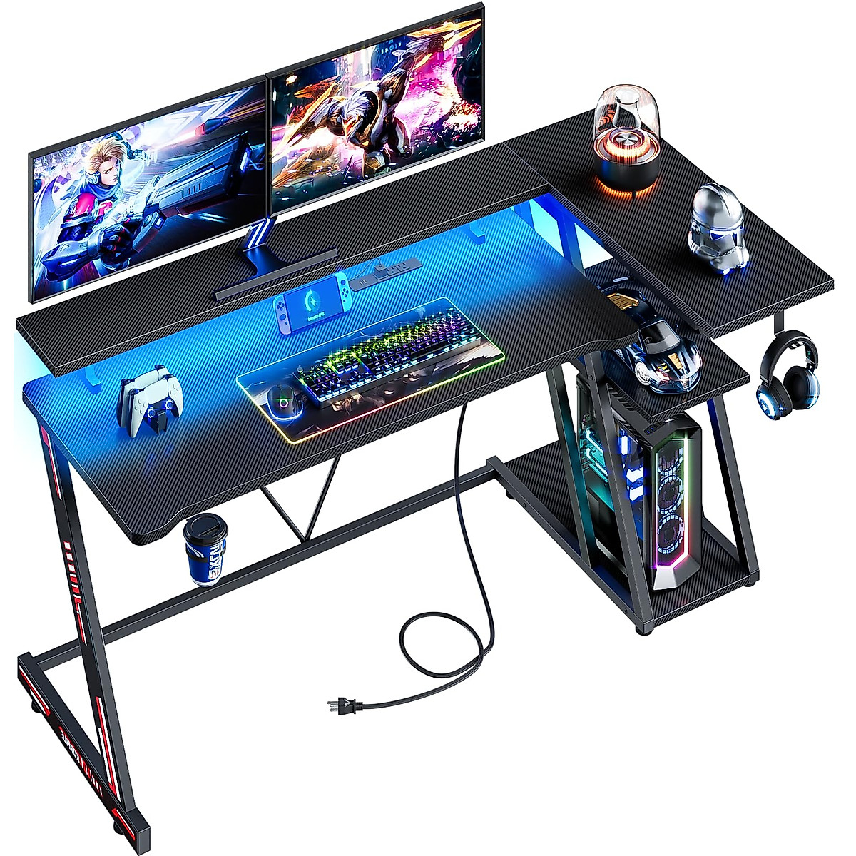 Korfile Reversible Gaming Desk with Power Outlet & LED Lights, Corner Computer Desk with 3 Tiers Storage Shelves, Home Office Desk with Monitor Stand for Small Space, 47 Inch Carbon Fiber Black