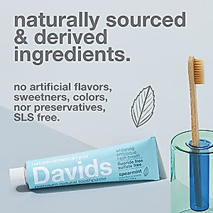 Davids Natural Toothpaste For Teeth Whitening, Spearmint, Antiplaque, Flouride Free, SLS Free, EWG Verified, Toothpaste Squeezer Included, Recycable Metal Tube, 5.25oz