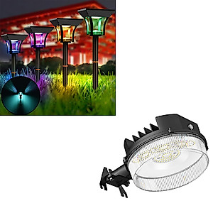CINOTON 42W LED Barn Light Dusk to Dawn Outdoor Lighting, Black 1 Pack & Outdoor Solar Landscape Pathway Lights Warm White & Multicolor 4 Pack