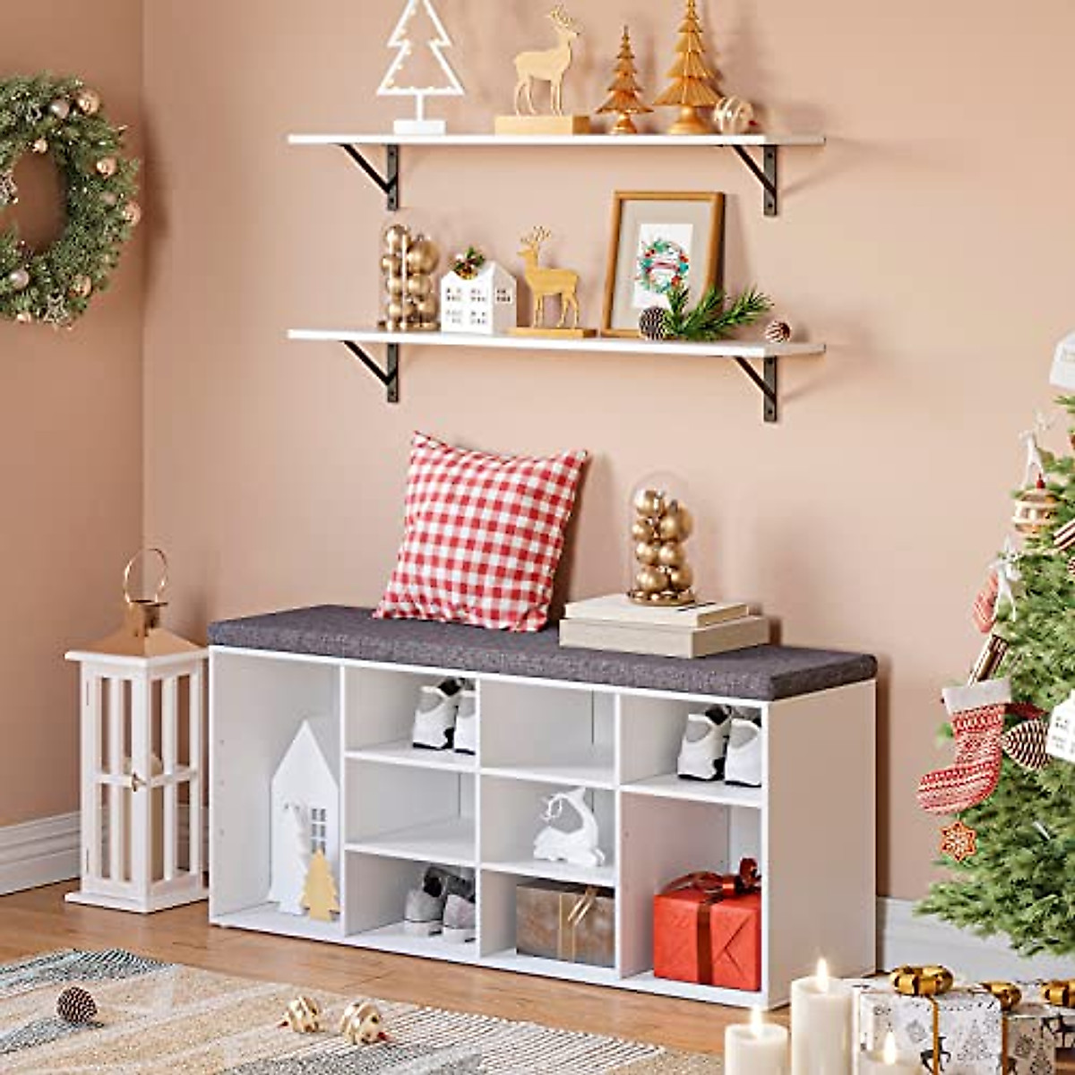 DINZI LVJ Shoe Storage Bench with Cushion, Cubby Shoe Rack with 12 Cubbies, Adjustable Shelves, Multifunctional Shoe Organizer Bench for Entryway, Mudroom, Hallway, Closet and Garage, White