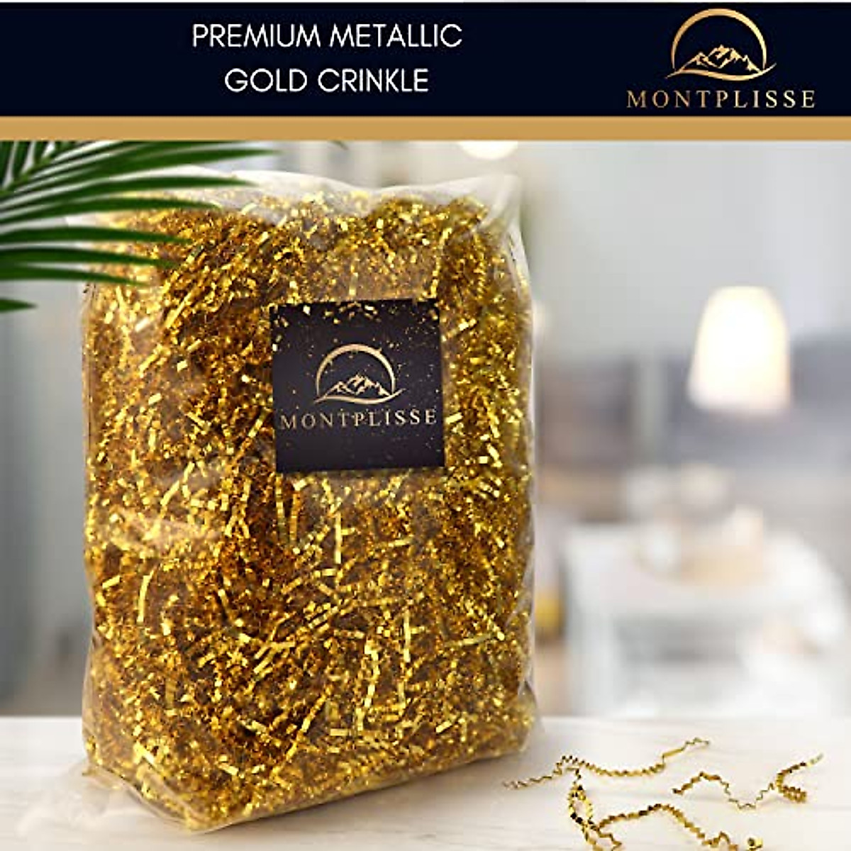Montplisse Gold Crinkle Paper, 1 LB. Bag. Gold Crinkle Cut Paper Shred filler gold for Gift Box & Baskets, Wedding & Christmas Gifts. Gold Shred for 4 gift boxes.