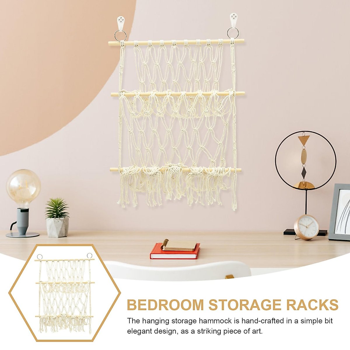 Toyvian Double Layer Hammock for Plush Toy, Macrame Net Tapestry Storage Rack Bookshelf Hammock Decorative Wall Hanging Stuffed Animal Hammock, White Household Wooden Stick Storage Net Bag