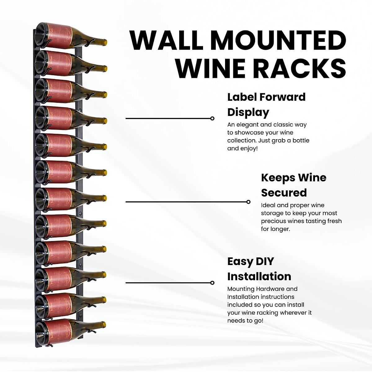 Jagged Ridge Wine Rooms 12 Bottle Wall Mounted Wine Rack Hanging Wall Wine Rack - Stylish & Modern Wine Storage Rack, Alloy Steel, Colour - Matte Black Powder Coat Finish
