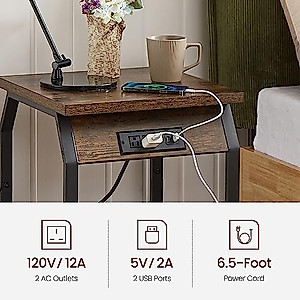 IRCPEN Side Table Set of 2, 17.3'' Square Bedside Table Nightstand Set W/Shelf, Vintage Small End Table with USB Port and Outlets for Small Spaces, Living Room, Bedroom (Brown)