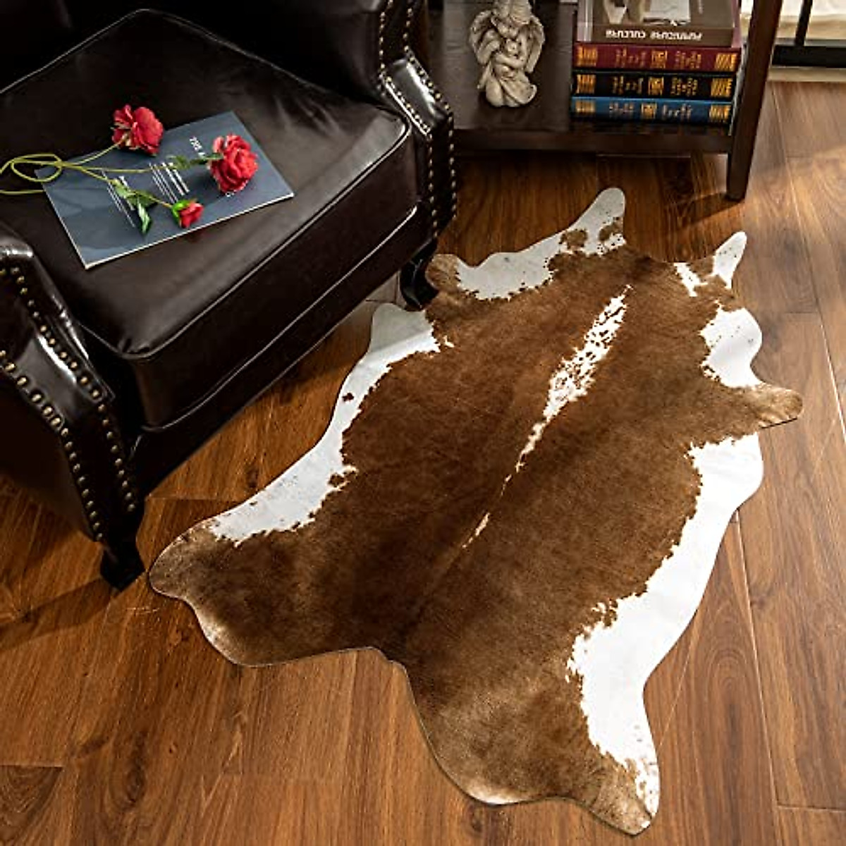 AROGAN Premium Faux Cowhide Rug 4.6 x 5.2 Feet, Durable and Large Size Cow Print Rugs, Suitable for Bedroom Living Room Western Decor, Faux Fur Animal Cow Hide Carpet, Brown
