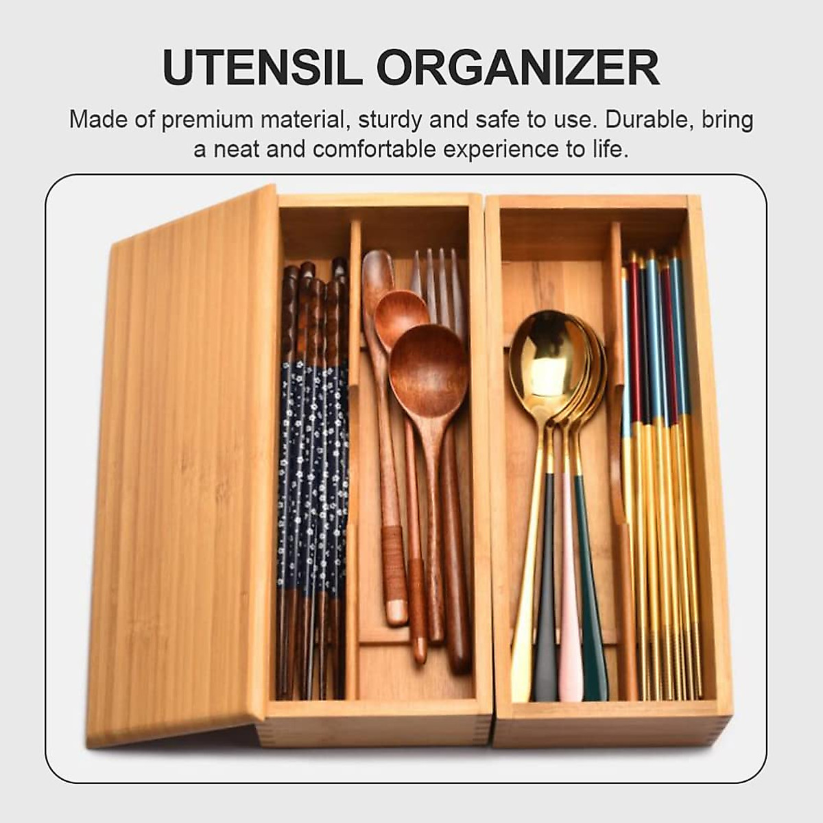 SHERCHPRY Seasoning Organizer Wooden Cutlery Box with Lid Small Drawer Organizer Kitchen Cutlery Organizer Silverware Storage Box Container for Spoon Chopsticks Forks Silverware Organizer