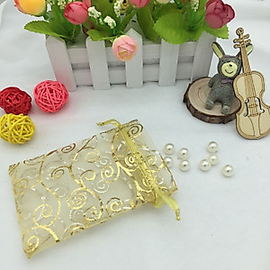 Ankirol 100pcs Sheer Organza Favor Bags For Wedding Baby Shower Rattan Print Gift Bags Samples Display Drawstring Pouches (3x4 inch, gold)