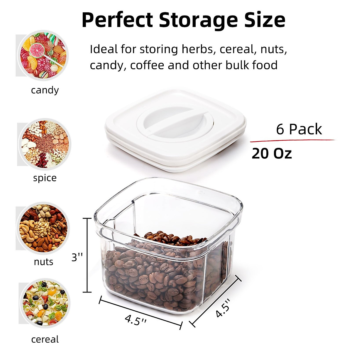 WRINGKIT 6 Pack Airtight Food Storage Containers, Plastic Snack Food Containers with Lids, 20 Oz Air Tight Cereal Container Set, Small Pantry Containers for Spices, Candy, Coffee