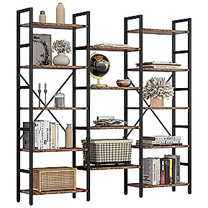 IRONCK Bookcases and Bookshelves Triple Wide 5 Tiers Industrial Bookshelf, Large Etagere Bookshelf Open Display Shelves with Metal Frame for Living Room Bedroom Home Office