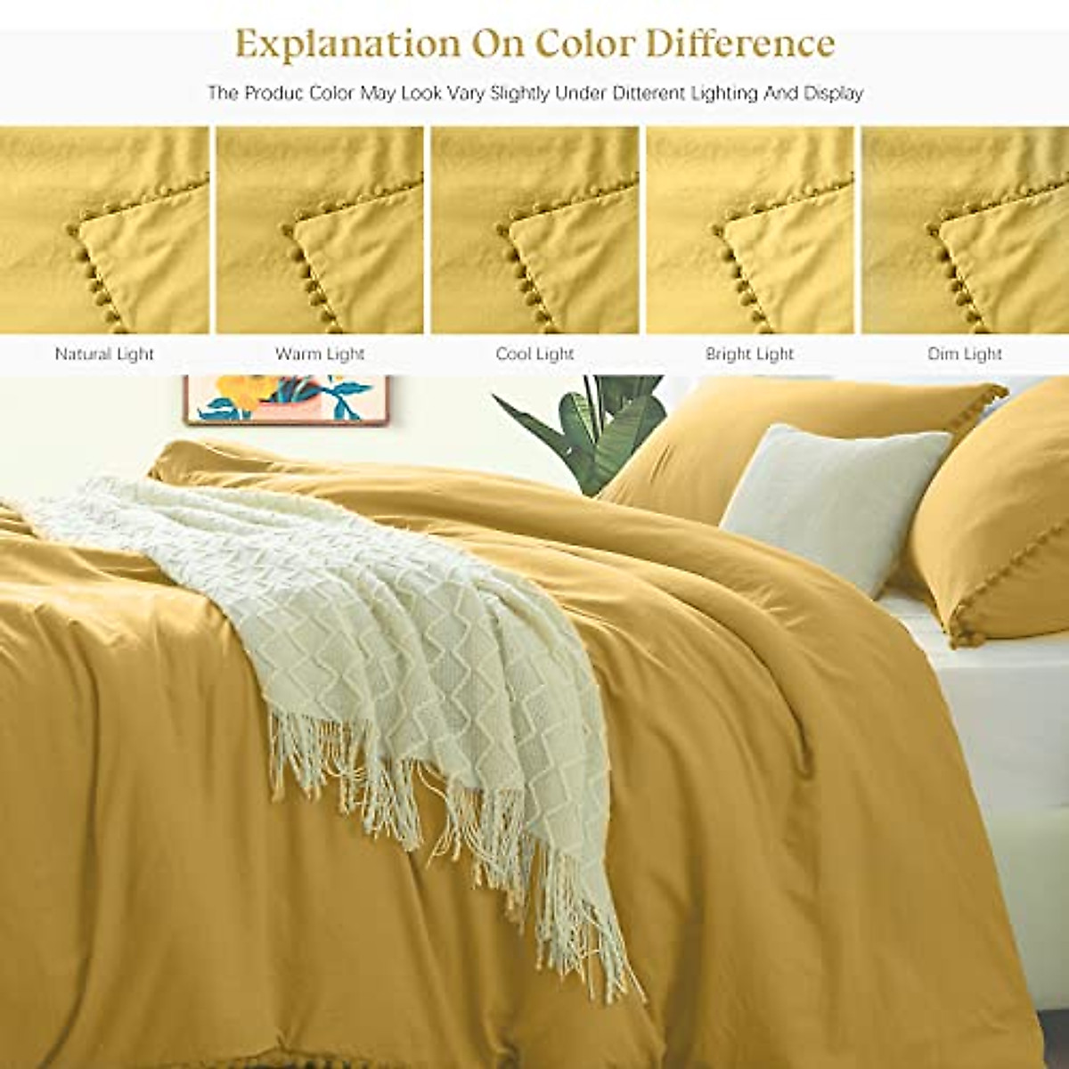 Newspin Duvet Cover King Size Pom Pom Fringe Yellow,3Pcs Soft Breathable Washed Microfiber Boho Bedding Duvet Cover Set with Zipper Closure,1 Duvet Cover(104"X90") and 2 Pillow Shams(No Comforter)