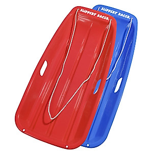 Slippery Racer Downhill Sprinter Flexible Kids Toddler Plastic Toboggan Snow Sled with Pull Rope for 1 Adult or Kid Rider, Red and Blue (2 Pack)