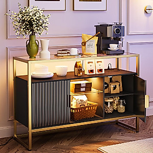 Bestier Coffee Bar Cabinet with Power Outlet, 47" Modern Buffet Cabinet with Storage, Glass Shelves, and LED Light, Fluted Bar Cabinet with Door for Living Room, Bedroom, Classic Black