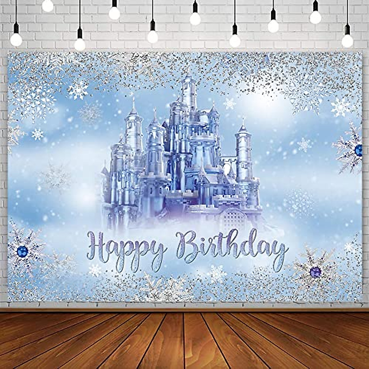 AIBIIN 7x5ft Winter Happy Birthday Backdrop for Baby Blue Winter Onederland Castle Glitter Snowflake Wonderland Photography Background Princess Prince Bday Party Decoration Banner Photo Booth Studio