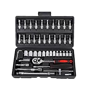 Sutlumisi 46Pcs Drive Socket Ratchet Wrench Set, 1/4 inch Metric Hex Socket Set & Bit Socket Set & Extension Bars, Car Tools Kit for Automotive Repair & Household