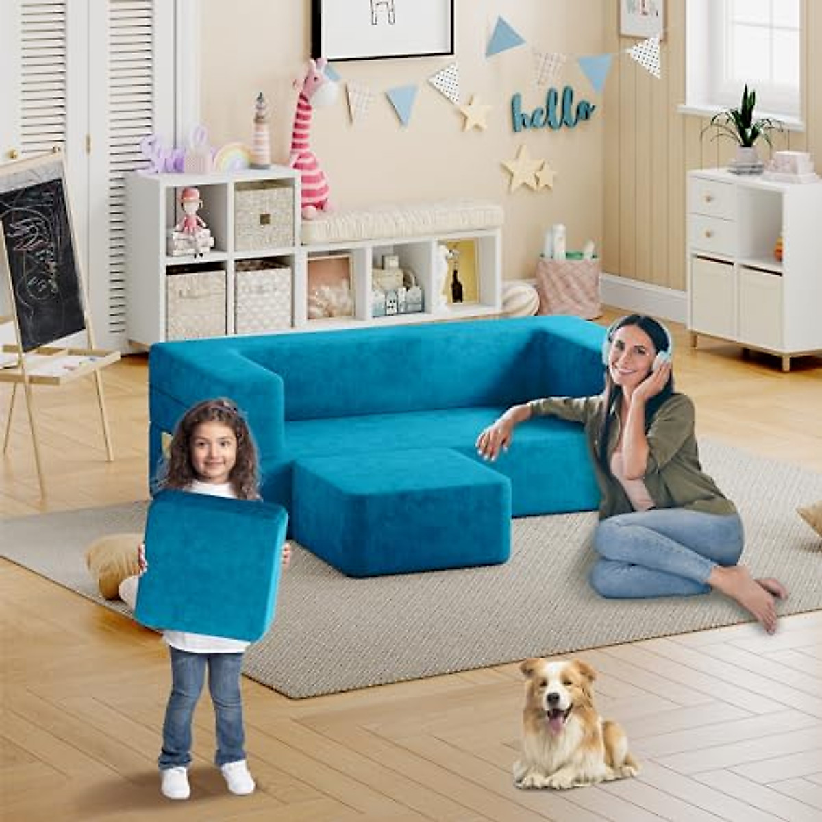 linor Kids Couch, Toddler Couch with Washable and Durable Covers, Modular Kids Sofa Couch, Foldable Loveseat & Two Ottoman, Fold Out Lounger (Navy)