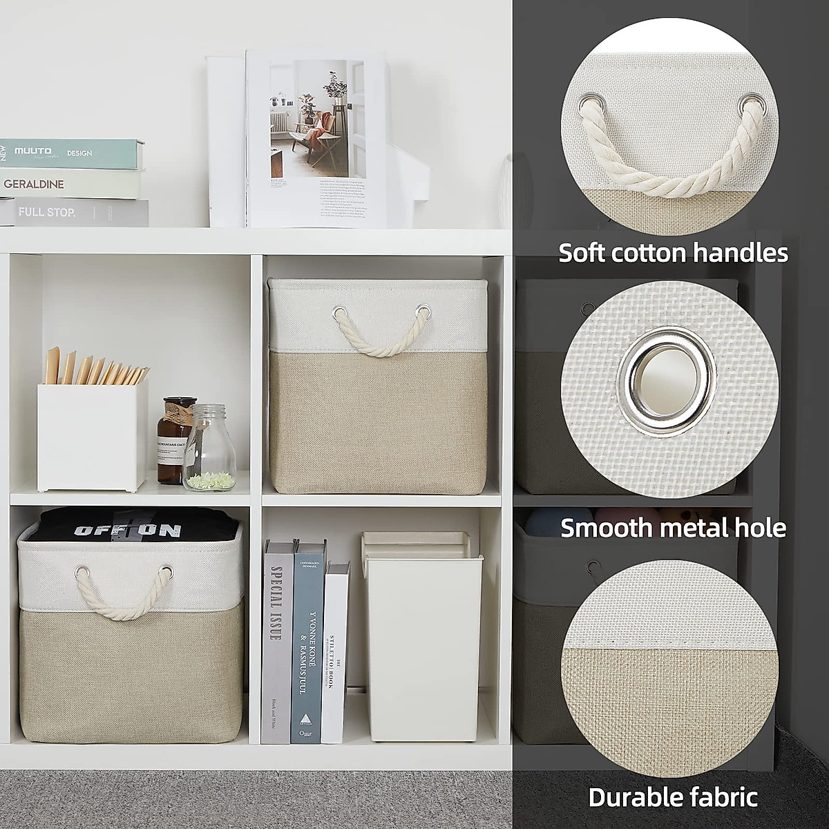 WLFRHD Storage Cubes Basket for Organizing 12x12x12 Cube Storage Bins Storage Baskets for Shelves Set of 4 Collapsible Fabric Storage Cubes Bins Closet Kids Gifts Bathroom (White and Khaki)