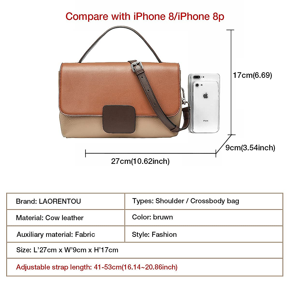 LAORENTOU Women Shoulder Bag Cowhide Satchel Handbag Leather Purse for Women Crossbody Bag (Brown)