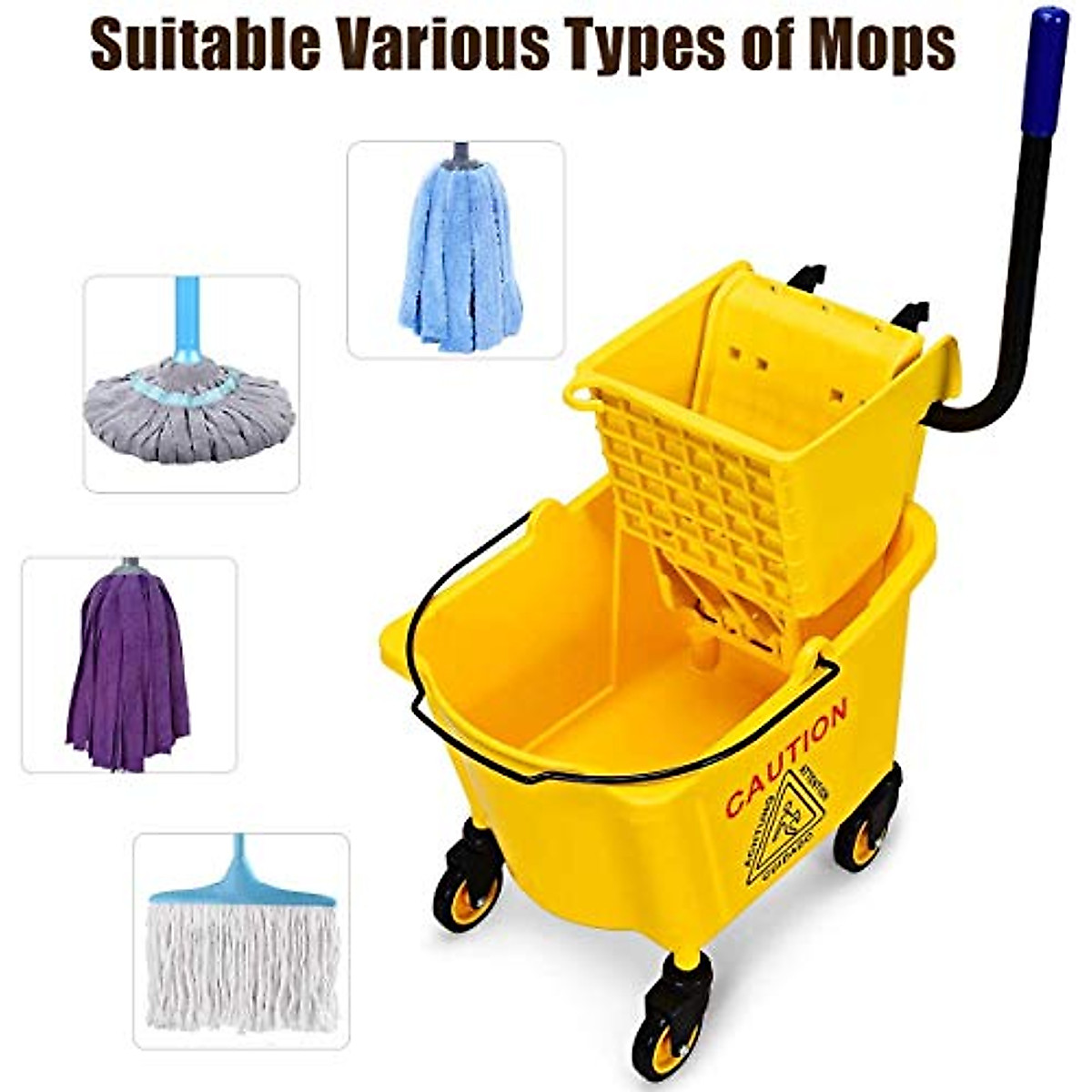 ReunionG Commercial Mop Bucket, Household Bucket with Wringer, Side Press Mop Bucket with Wheel and Handle, Side Press Wringer Trolley with Ergonomic Rocker for Easy Water Drain, Yellow (26 Quart)