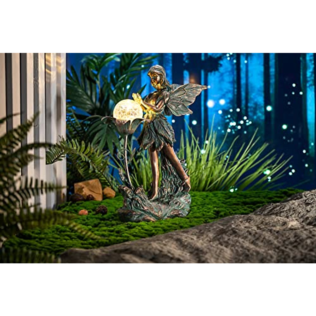 TERESA'S COLLECTIONS Large Garden Fairy Outdoor Statue, Solar Garden Sculptures & Statues with Crackle Glass Globe, Bronze Patina Garden Art for Lawn Patio Balcony Decor 13.2 inch