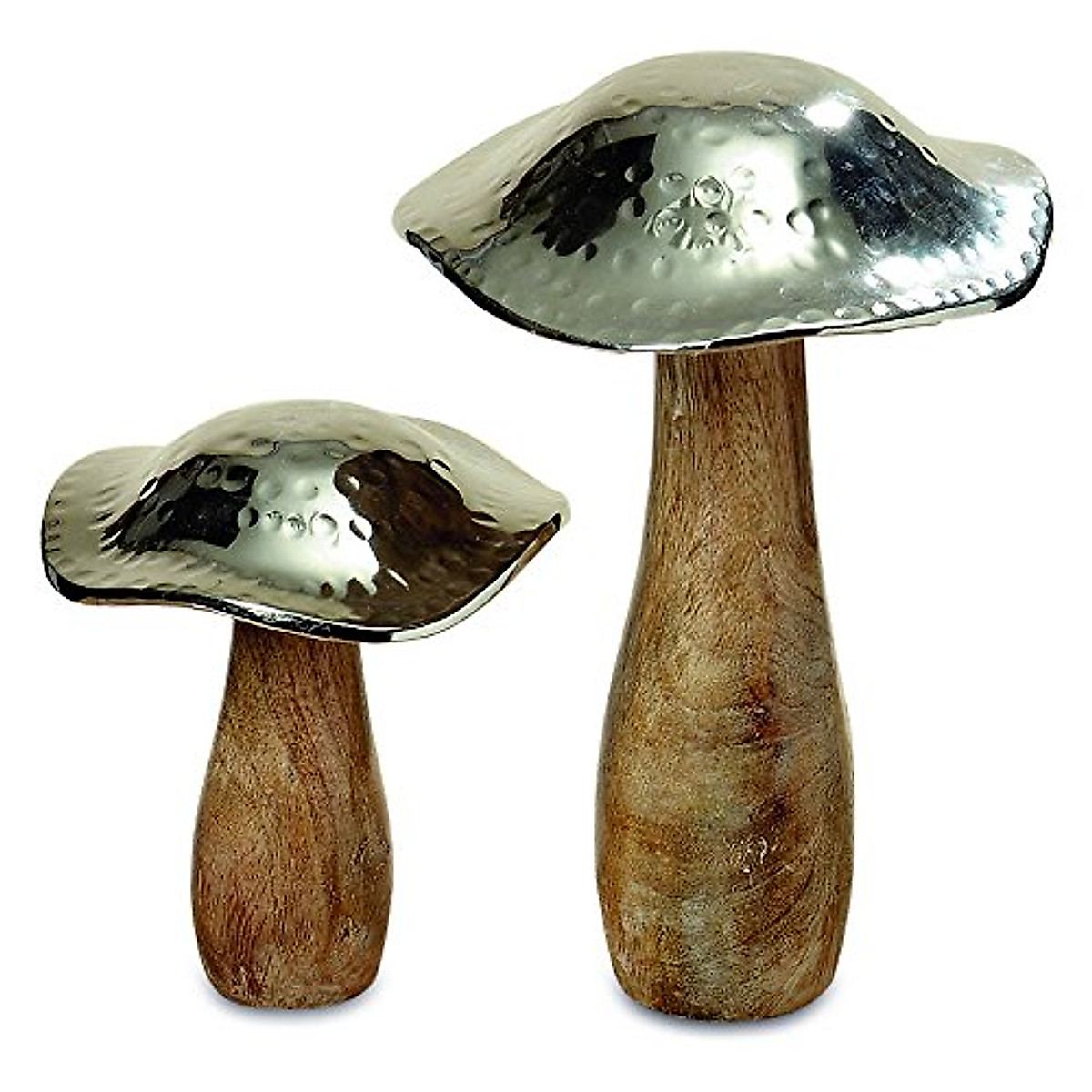 WHW Whole House Worlds Farmers Market Mushrooms, Set of 2, Decorative Kitchen Sculpture, Art, Mango Wood and Hammered Silver Metal, 8 1/4 and 5 1/2 Inches Tall