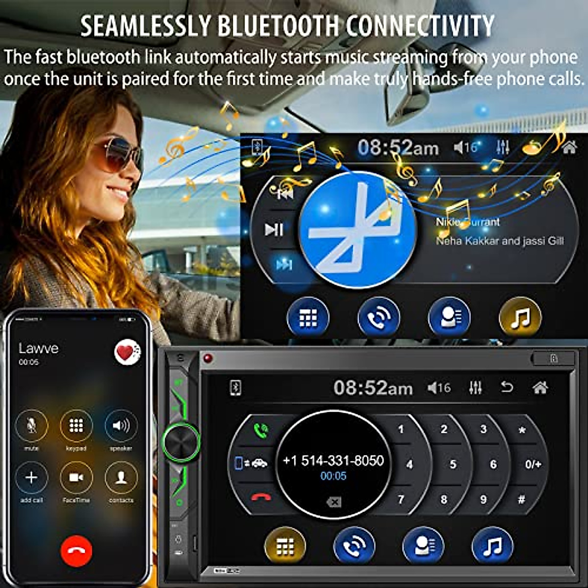 Double Din Car Stereo with Bluetooth: 7inch HD Car Multimedia Receiver – Car Audio MP5 Player | LCD Capacitive Touchscreen | Phonelink | Backup Camera | USB/SD/ AUX Input | AM FM Car Radio | SWC