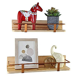 Spiretro Floating RV Shelves, Wall Mount Rustic Wood Wall Shelves with Metal Rail Storage Organize, Display, Décor for Bathroom Living Room Bedroom Kitchen Room Closet, Set of 2 (Large & Small)_ Beige