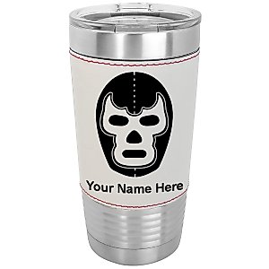LaserGram 20oz Vacuum Insulated Tumbler Mug, Luchador Mask, Personalized Engraving Included (Faux Leather, Baseball Style)
