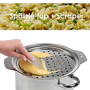 Hicook Stainless Steel Spaetzle Maker Lid with Scraper Traditional German Egg Noodle Maker Pan Pot Spaghetti Strainer