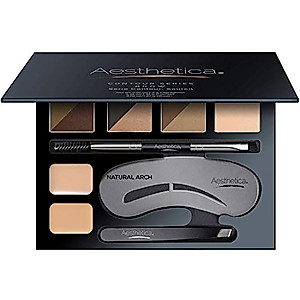 Aesthetica Brow Contour Kit 16-Piece Eyebrow Makeup Palette Set 6 Eyebrow Powders, 5 Eyebrow Stencils, Spoolie/Brush Duo, Tweezers, Eye Brow Wax, Highlighter - Unique Gifts For Women For Her Birthday