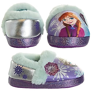 Disney Girls' Frozen Slippers - Plush Fuzzy Elsa and Anna Slippers with Non-Skid Soles (Toddler/Little Kid), Size 9/10, Purple Blue Glitter
