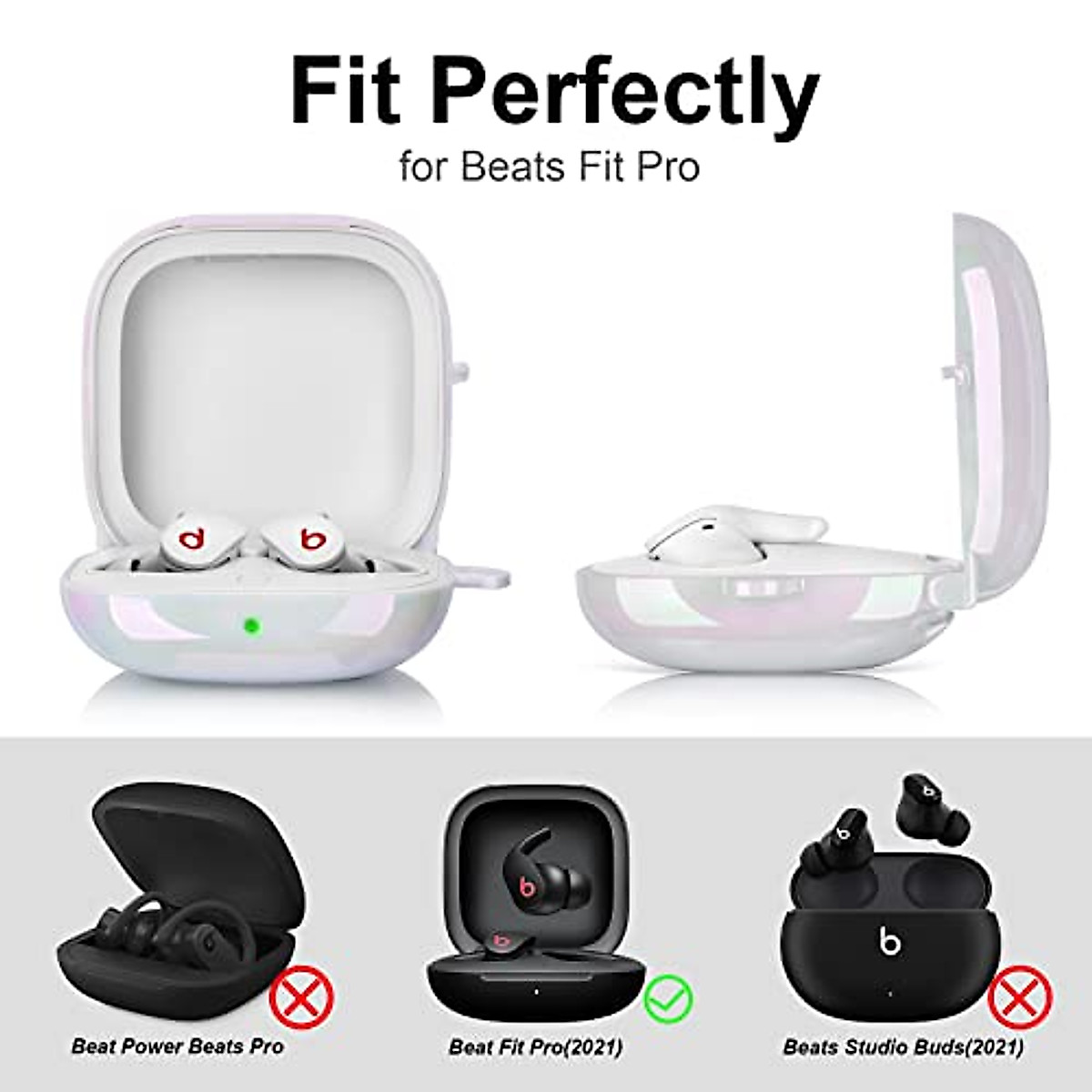 Beats Fit Pro Case Cover, Filoto Laser PC Beats Fit Pro Case for Women Girls, Cute Protective Apple Beats Fit Pro Earbuds Case Cover with Keychain Accessories,White