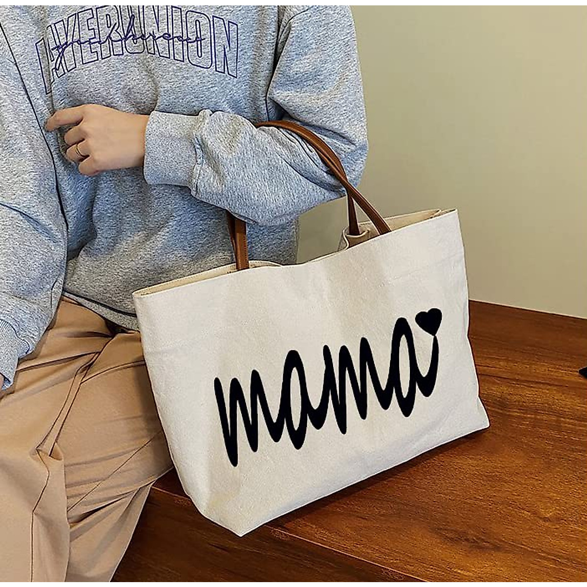 D DASAWAN Canvas Mama Tote Bag - Reusable Grocery Mom Bag for Mother’s Day Gifts,Mom Birthday Presents,Shopping,Travel