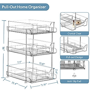 BeaFota 3 Tier Clear Pull Out Organizer with 3pcs Storage Bins, Large Size Multi-Purpose Slide-Out Storage Container, Bathroom Vanity Counter Organizing Tray, Kitchen Pantry Medicine Cabniet Bins