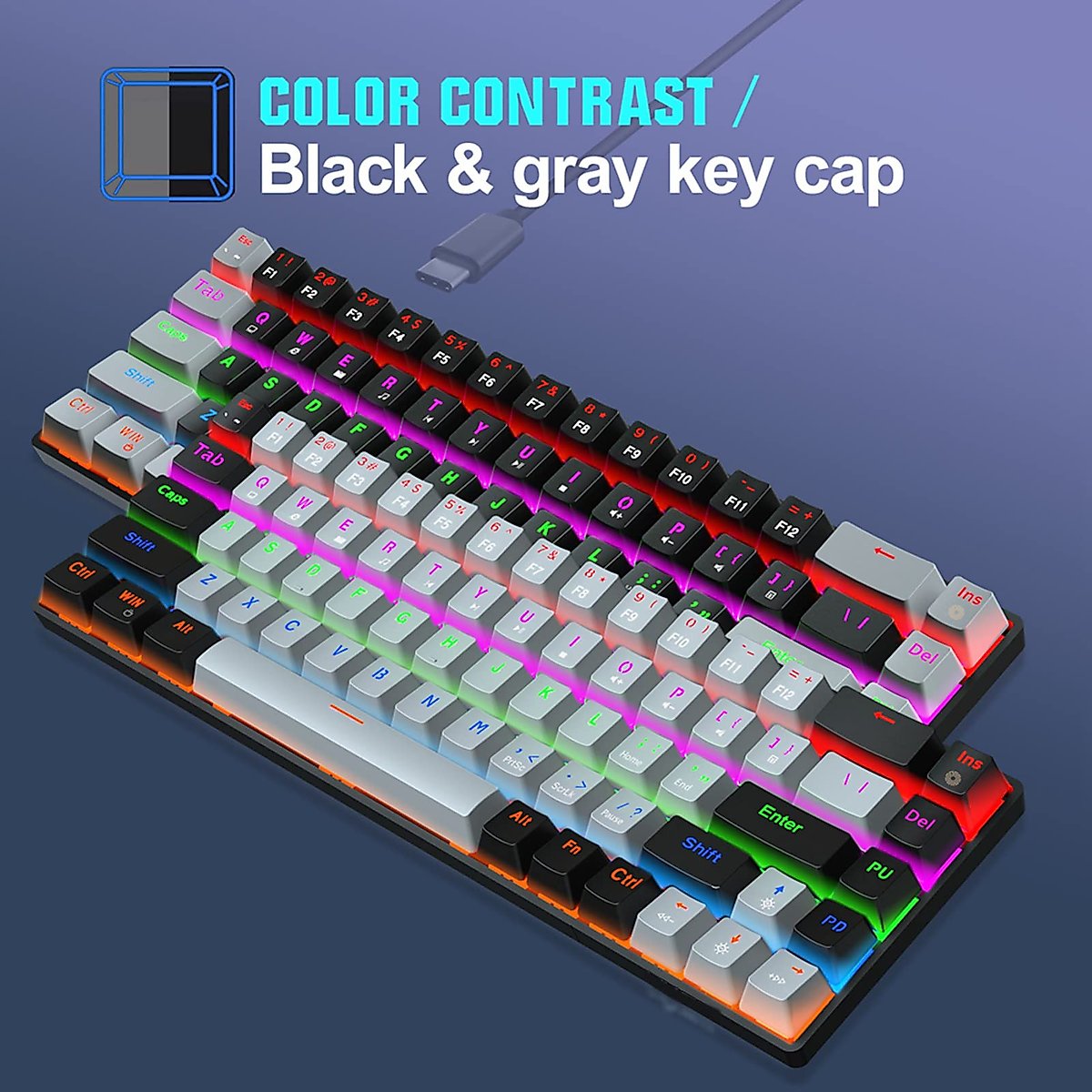 Horoper Computer Mechanical Keyboard, Mechanical Keyboard 68‑Key Red Shaft Green Shaft Dual Color RGB Backlit Gaming Mechanical Keypad (Gray)