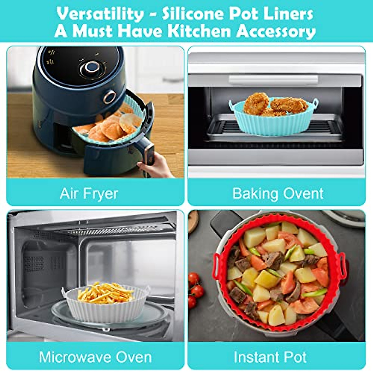 BDYKJYM 4Pcs Air Fryer Silicone Liners,Reusable Air Fryer Silicone Basket,Replacement Of Flammable Parchment Paper, Heat Resistant Easy Cleaning Air Fryers Oven Accessories(Top 7.9in, Bottom 6.9in)