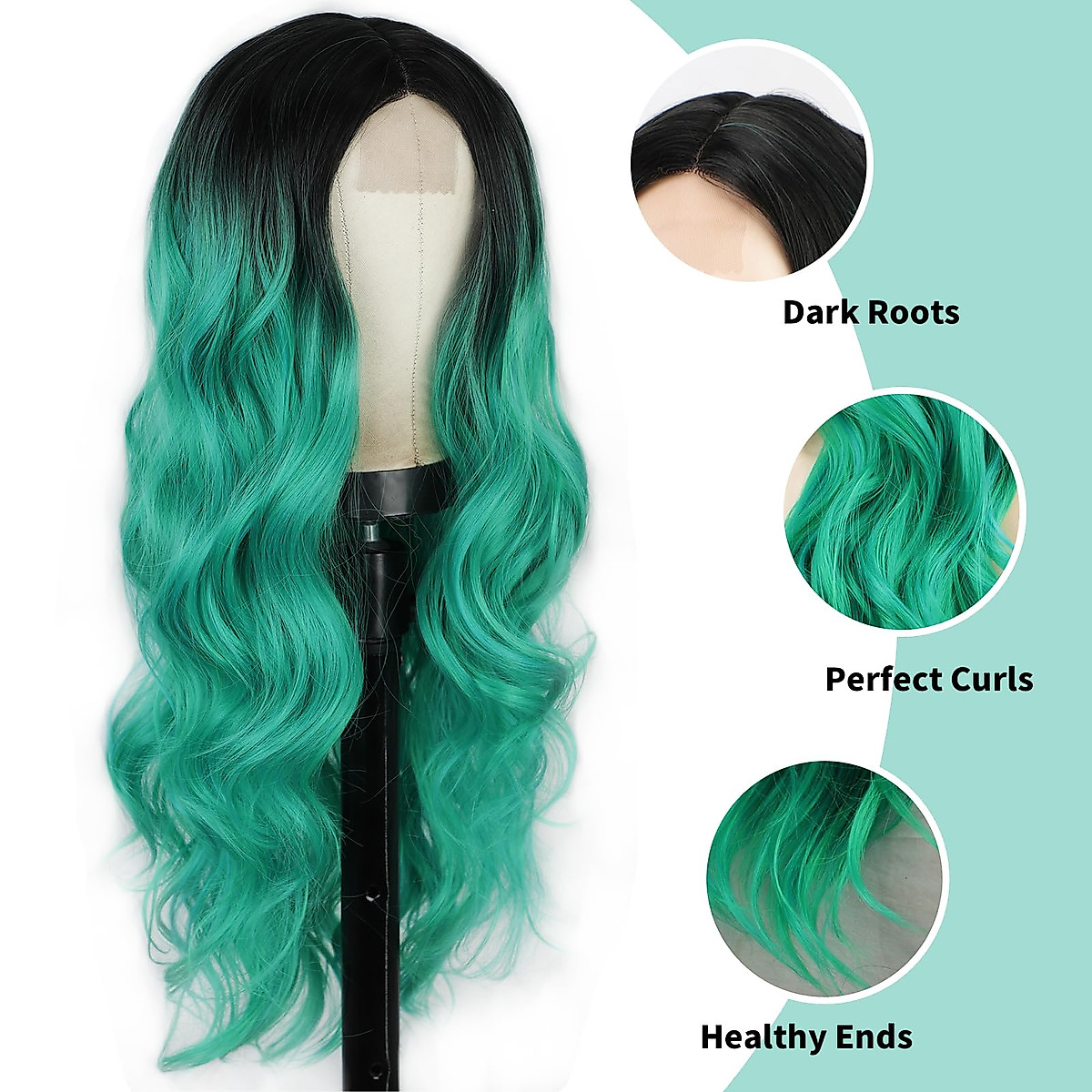 Lativ Long Wavy Wig for Women Ombre Green Middle Part Wigs Teal Wigs Long Curly Synthetic Heat Resistant Hair with Natural Hairline for Cosplay Party Everyday Use