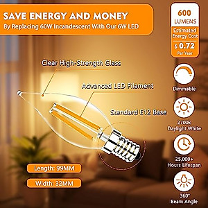 LONIUTO LED Light Bulbs 60 Watt Equivalent, Vintage LED Flame Tip Candelabra Bulb, E12 LED Bulb Dimmable 2700K Soft Warm White, E12 LED Bulb Clear Glass, for Chandeliers, Ceiling Fan, Pendant, 6 Pack