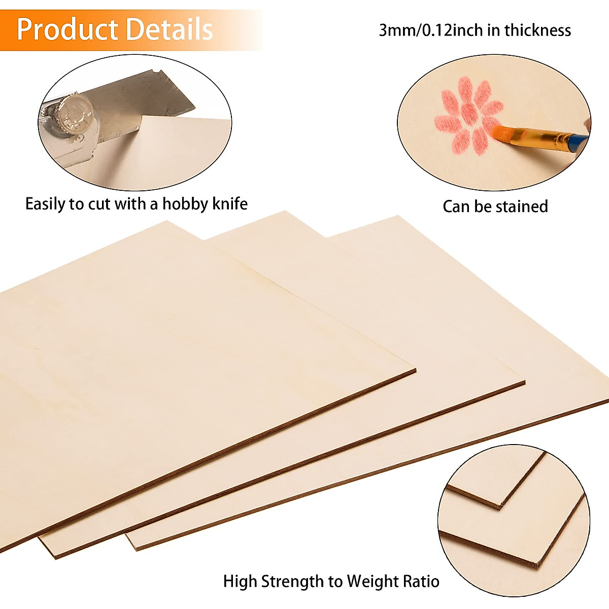 12 Pack Basswood Sheets for Crafts-12 x 12 x 1/8 Inch- 3mm Thick Plywood Sheets with Smooth Surfaces-Unfinished Squares Wood Boards for Laser Cutting, Wood Burning, Architectural Models, Staining